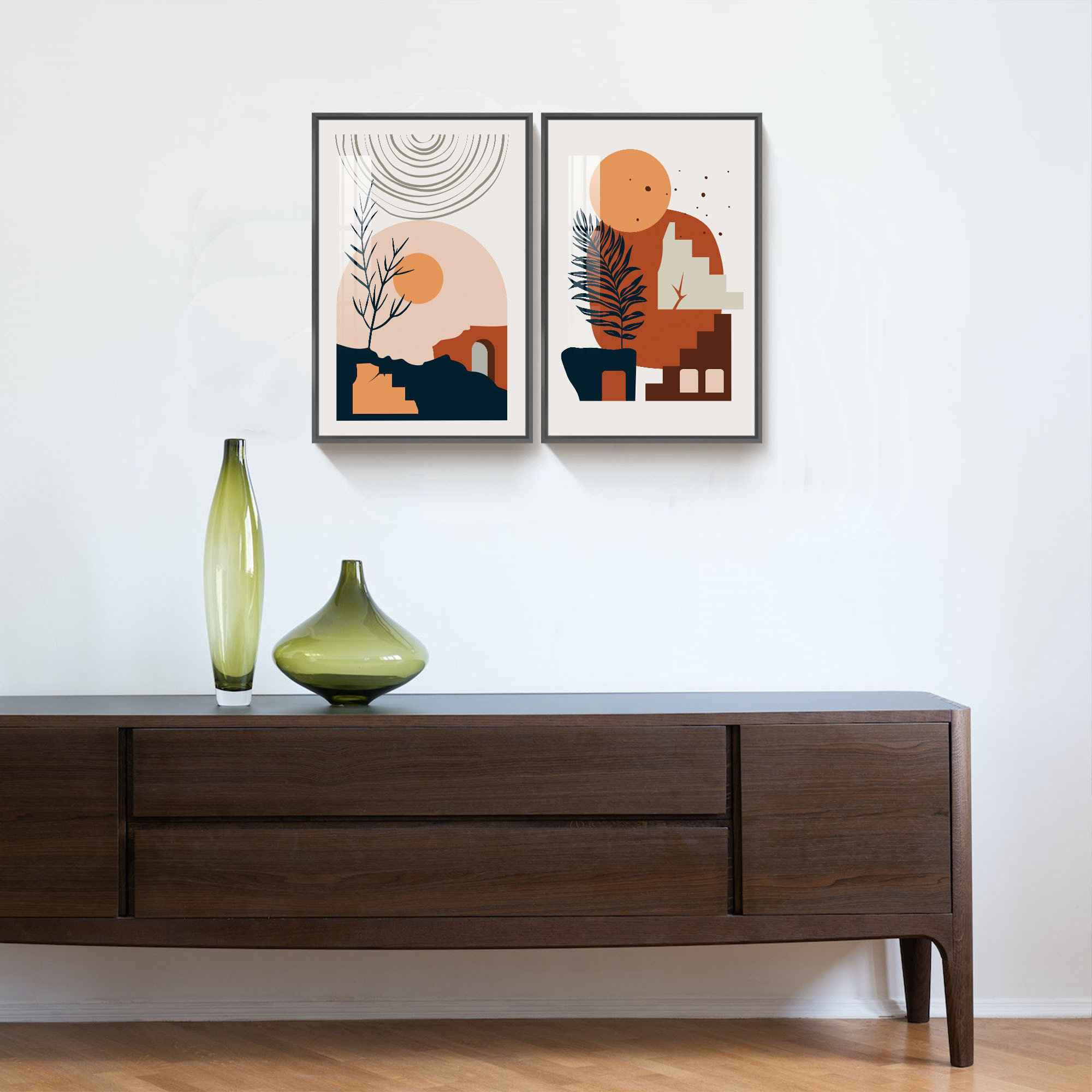 Latitude Run® Boho Canvas Wall Art Boho Artwork Abstract Leaf And Shapes 2 Pieces Framed Print ...